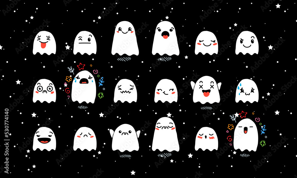Set of Various Cartoon Ghosts with Emoticons. Doodle ghouls, eyes and ...