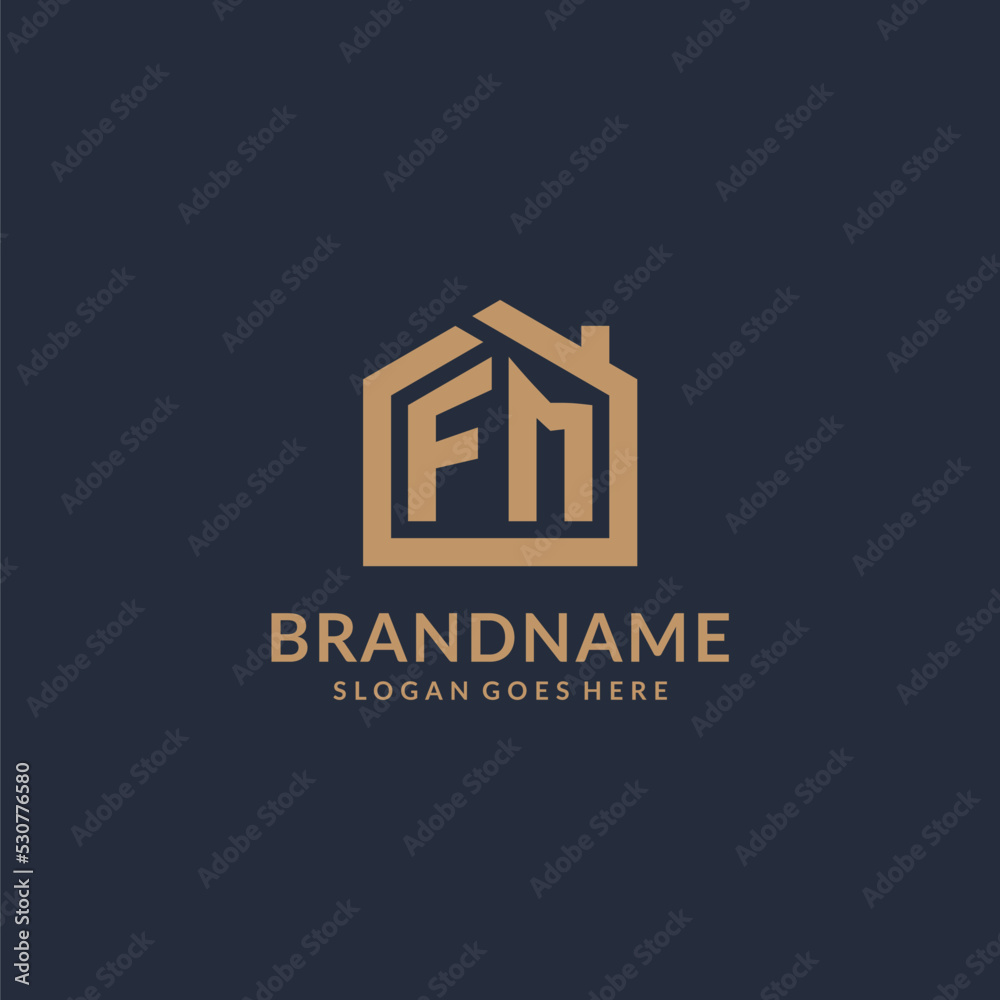 Initial letter FM logo with simple minimalist home shape icon design ...