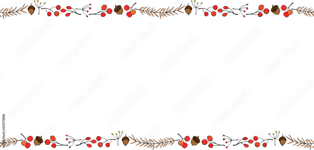 Vector background, frame made of outline color twigs, berries, acorns ...
