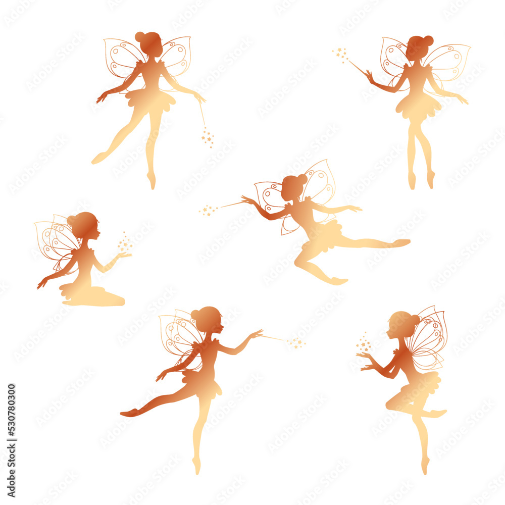 Set of gold fairy silhouettes. Illustrations of ballet dancing fairies ...