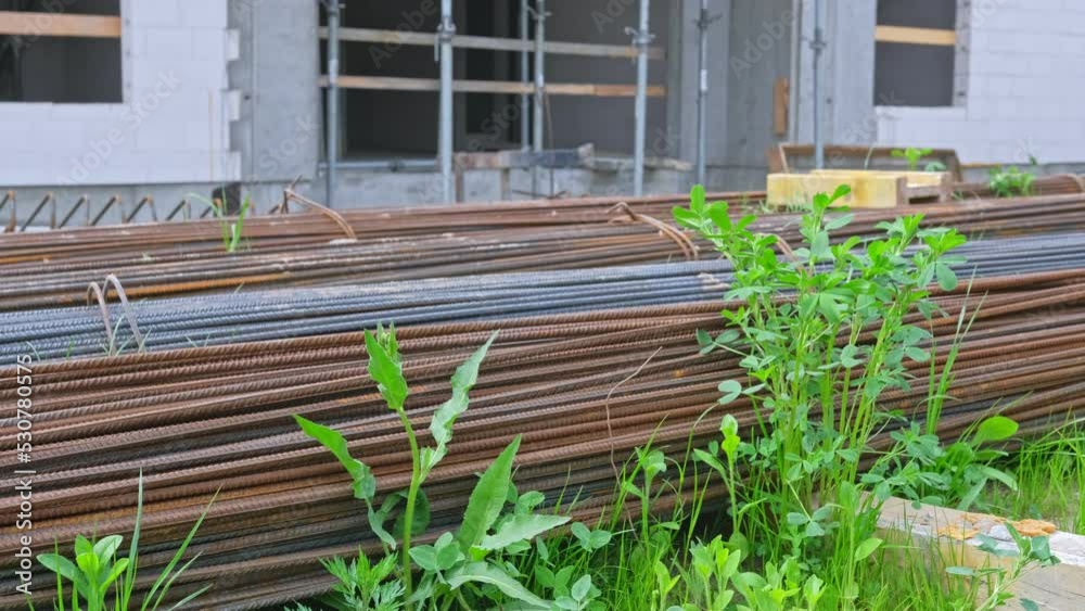 Stack of Long Iron Steel Metal Rebar Reinforcement Rods Stored Outdoor ...