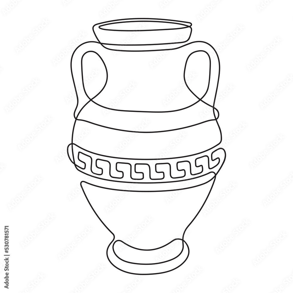 One line drawing of ancient Greek clay vase, isolated on white ...