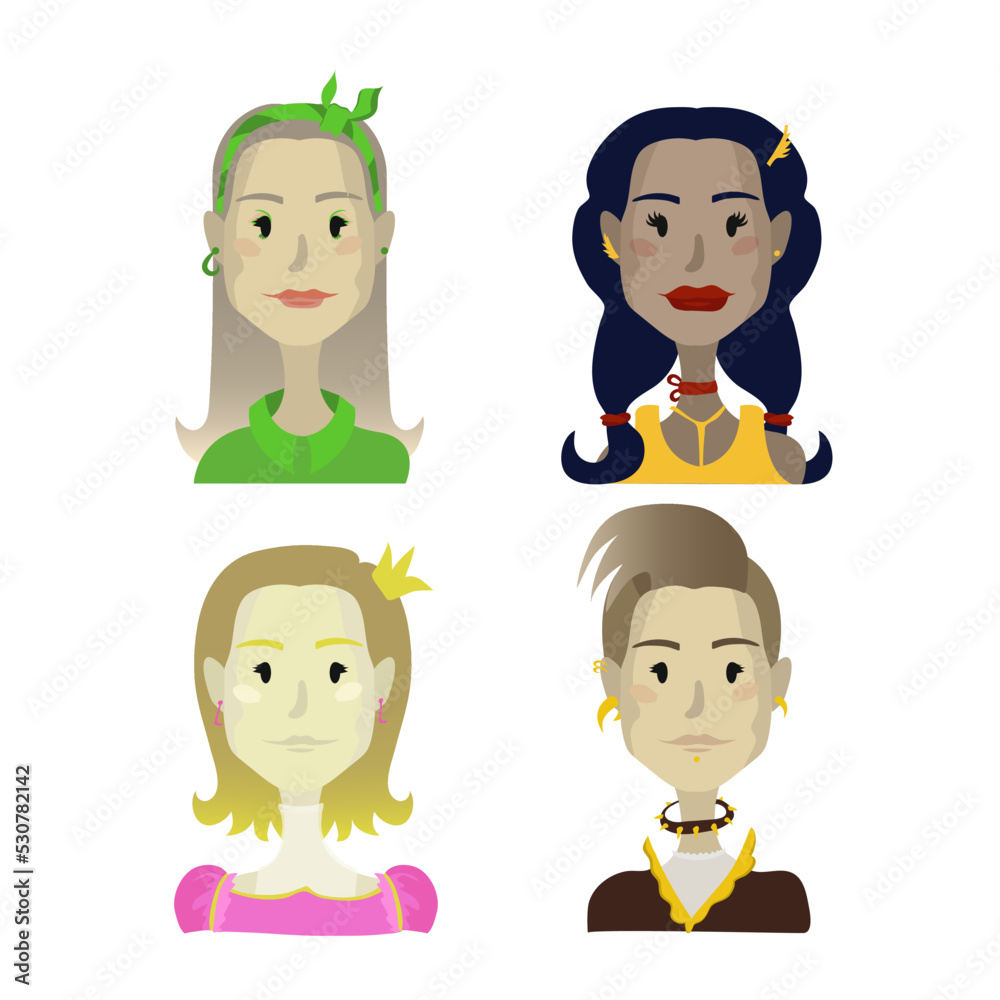 Set of beautiful icons with women. Different in character and ...