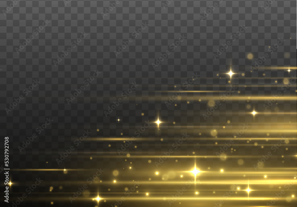 Gold neon lines speed motion, laser beams with lights. Golden ray line ...