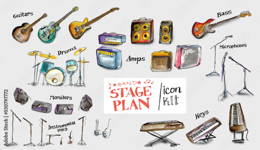 Hand drawn Band stage plan kit - adjustable isolated icons Stock Vector ...