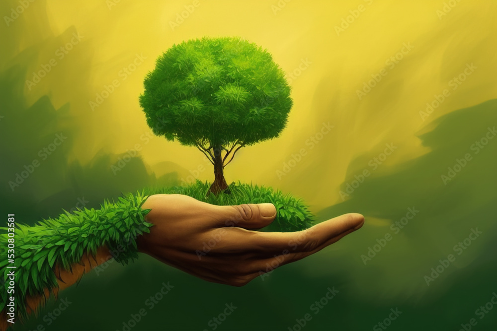 Artistic representation of a elemental hand holding a tree over a green ...