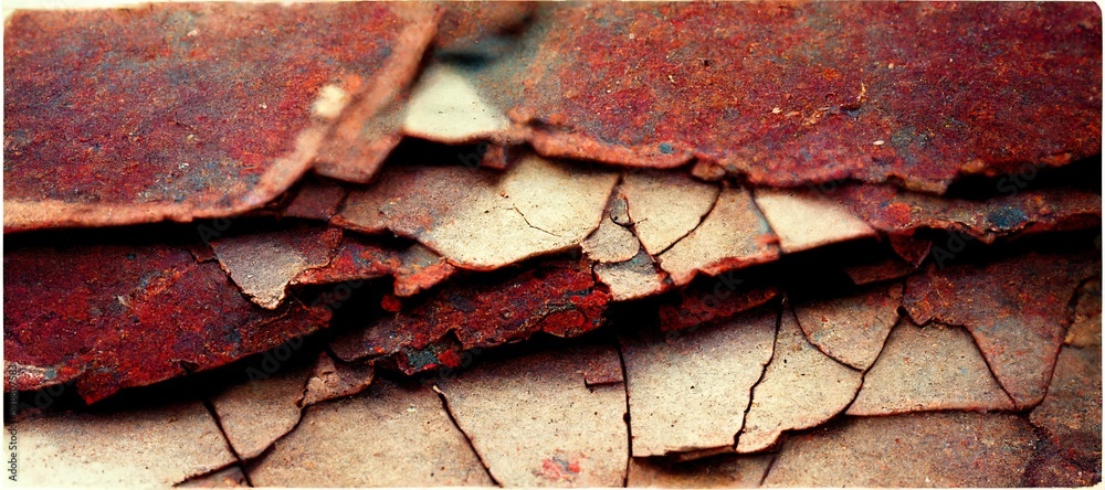 Rusty red cracked slate rock layers with rough texture and highly ...