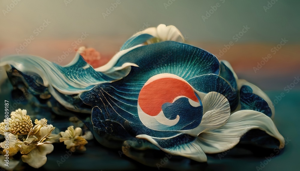 Raster illustration of volumetric model of a sea wave with shells and ...