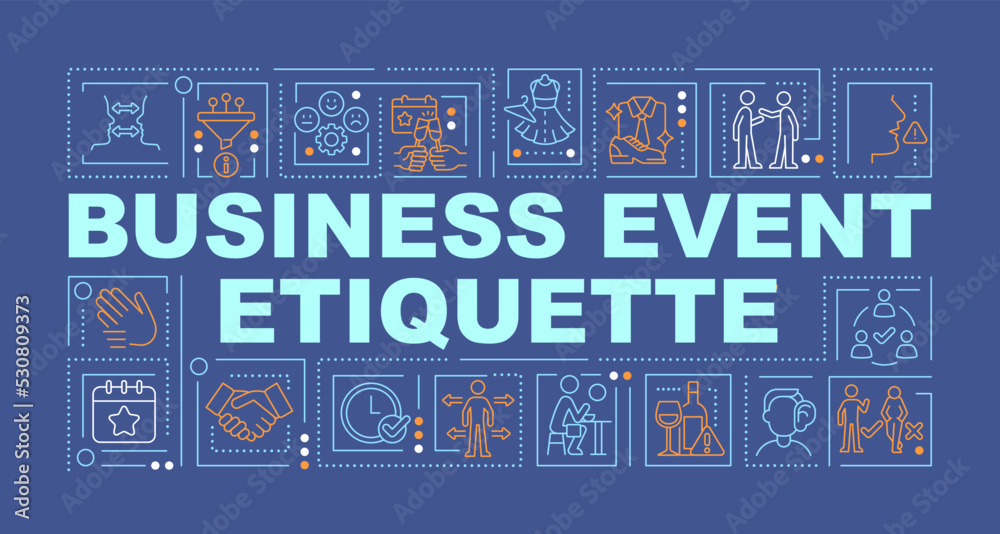 Business meeting etiquette word concepts dark blue banner. Infographics ...
