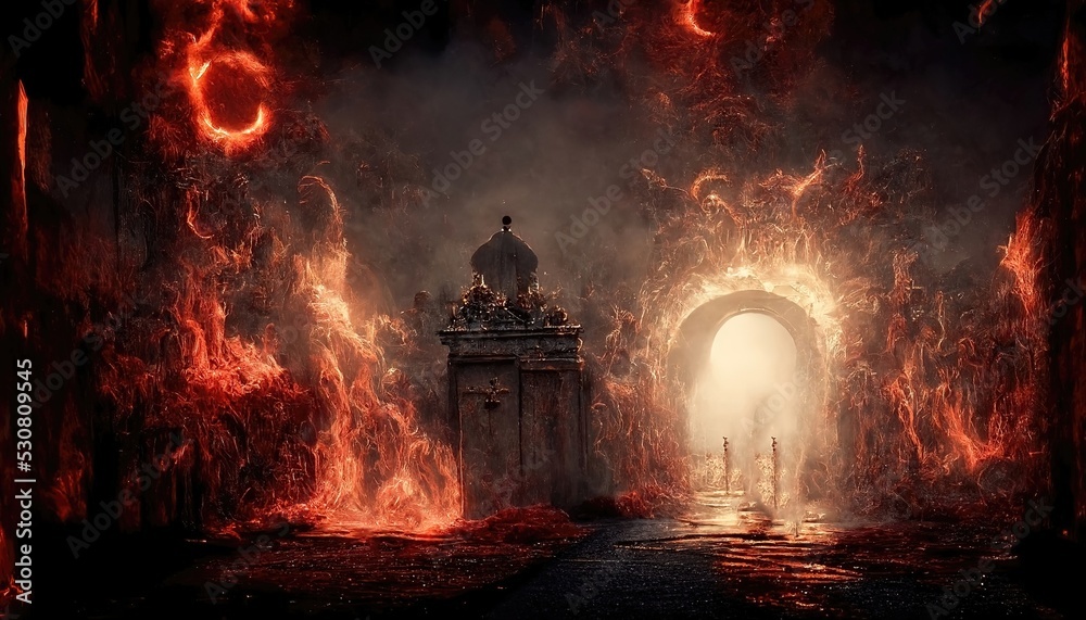 Raster illustration of fire around the beautiful castle. Stone ...