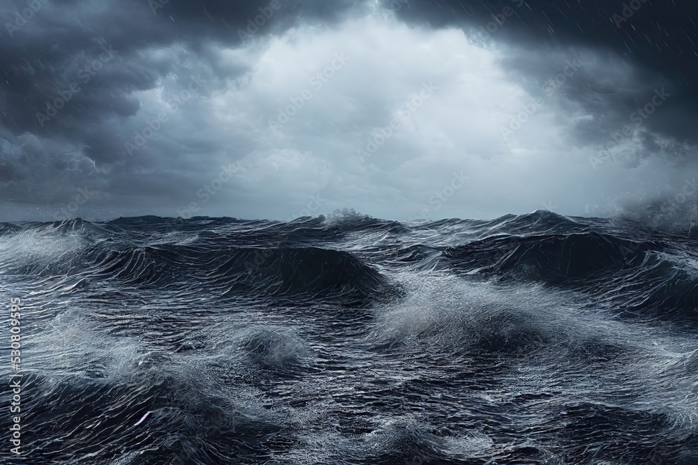 Raster illustration of waves in the sea on a cloudy sky. Storm, ocean ...