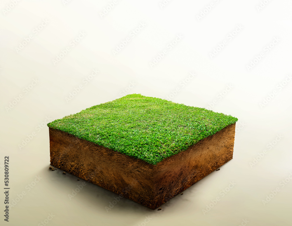 3D Illustration, cubical soil ground cross section with earth land and ...