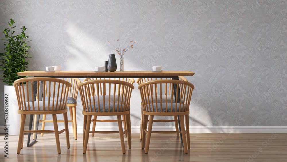 Realistic 3D render modern classic wooden family dining set table and ...