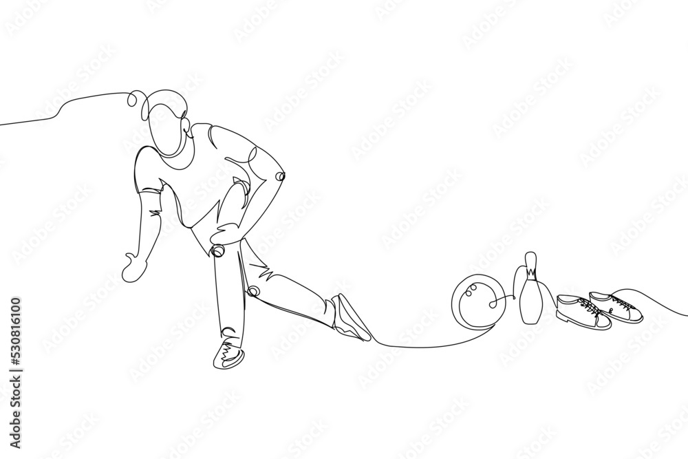 Bowling player with ball, skittles and sport shoes set one line art ...