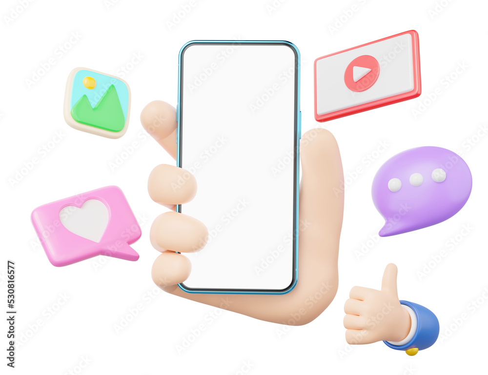 3D human hand holding smartphone. Social media icon with love, like ...