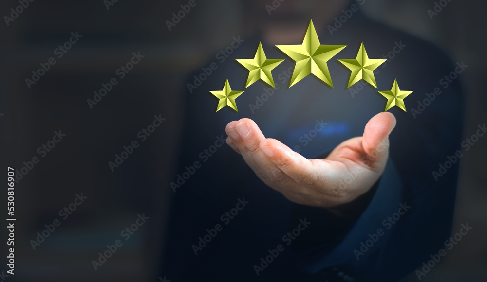The customer's hand holds all five stars. five star rating service ...