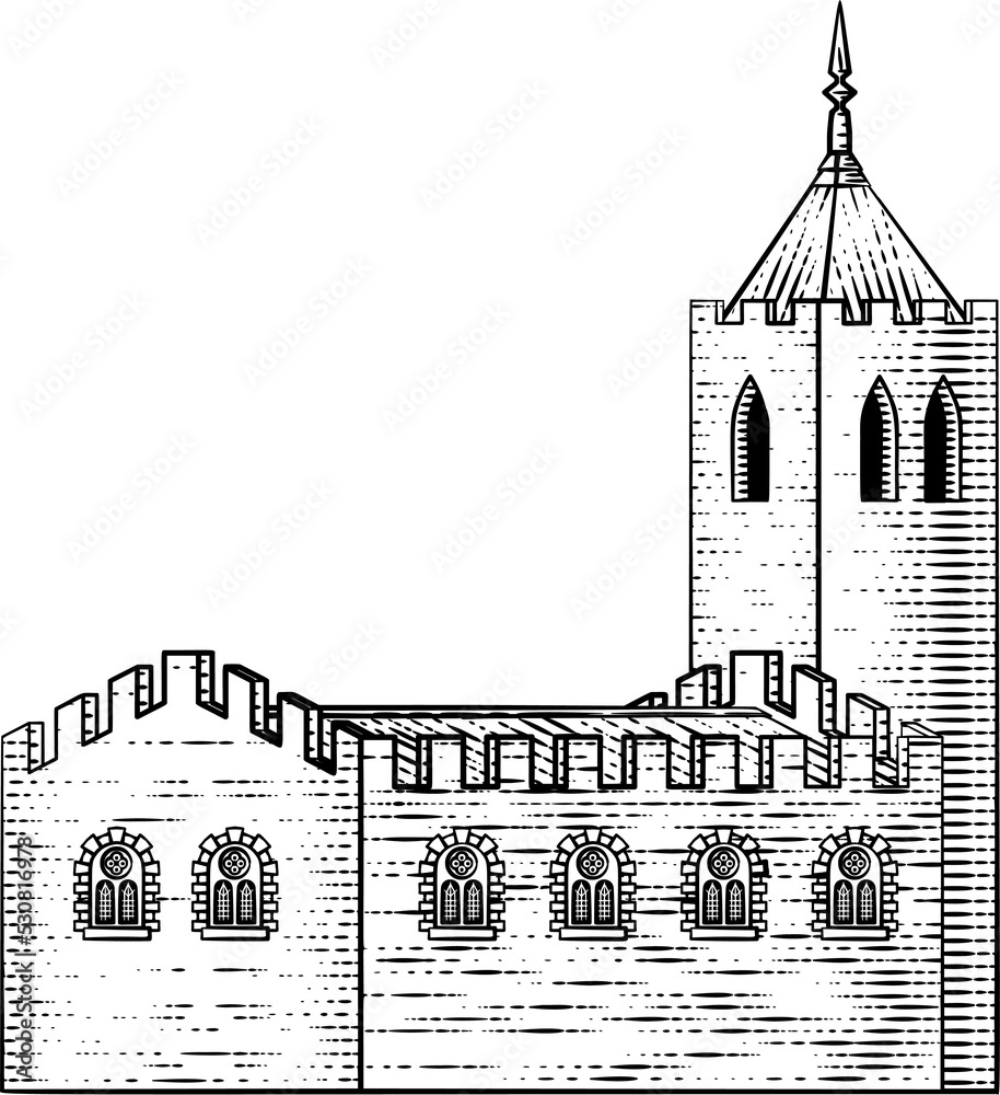 An old medieval church cathedral building drawing or map design element ...