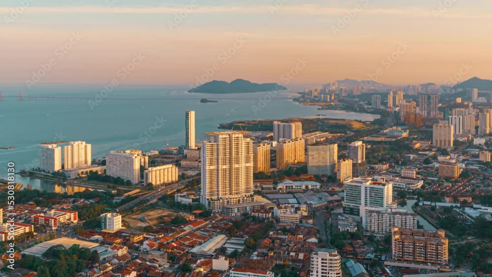 Panoramic view from the skyscraper to the city, bridge and sea bay at ...