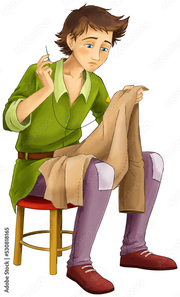 Cartoon boy - sitting and working sewing handsome manga boy ...