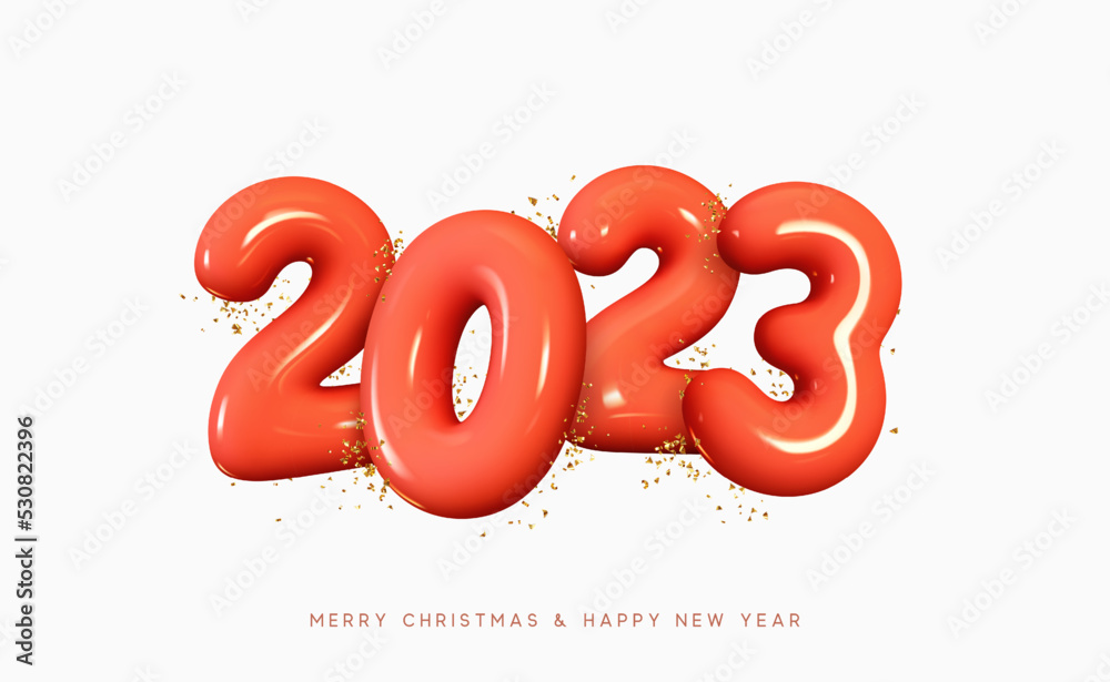 Happy New Year 2023. Number made of plastic in cartoon style. Christmas ...