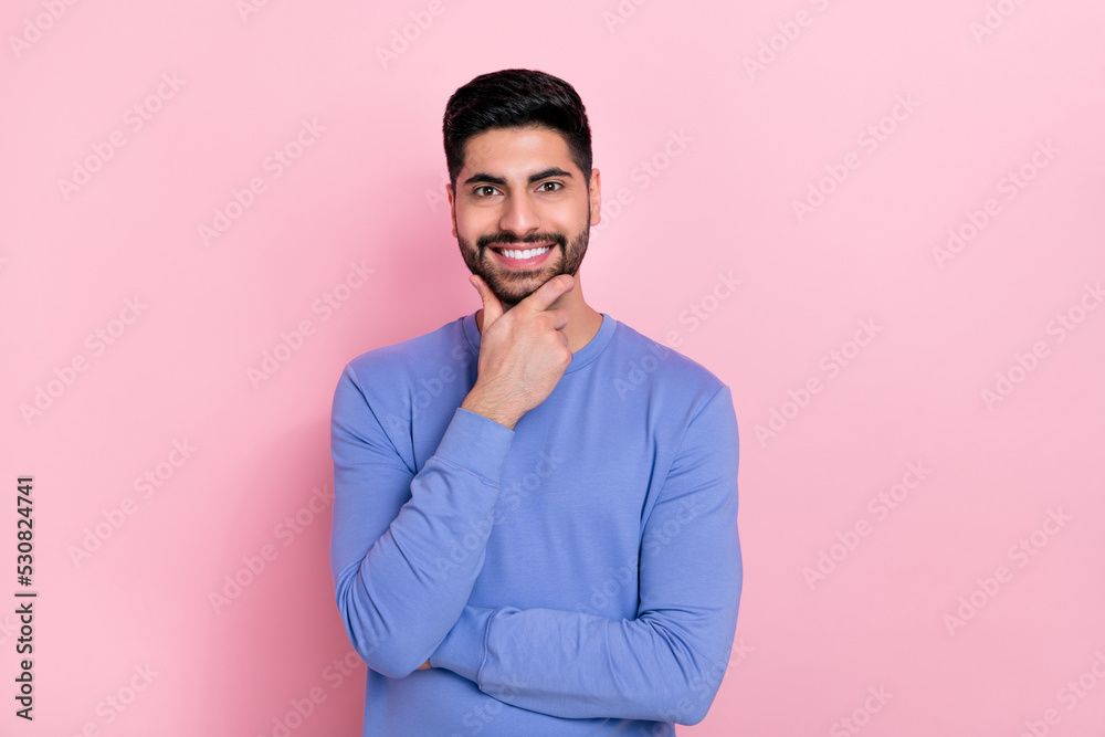 Photo & Art Print Photo of cheerful smart young man hand touch chin ...