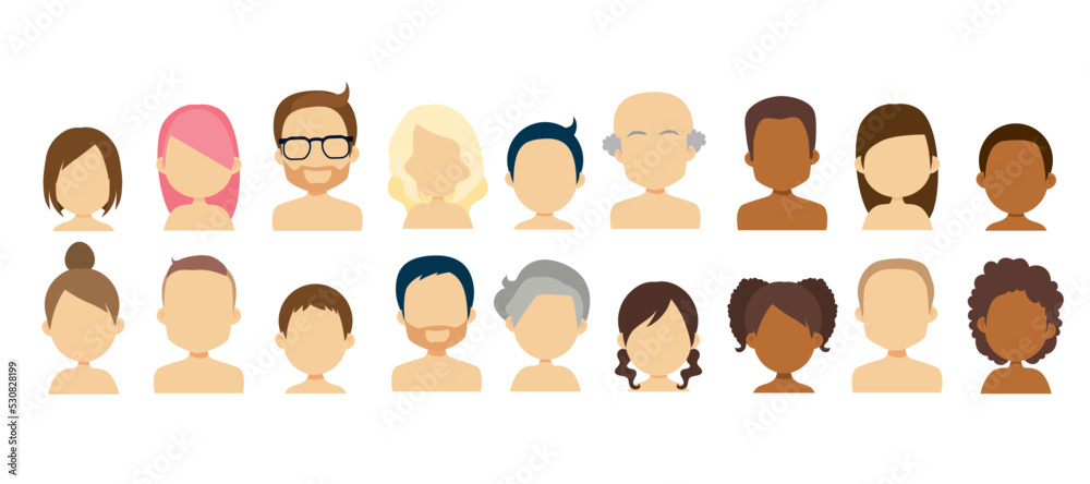 People avatar set blank faces. Different skin color, hair and age. Flat ...
