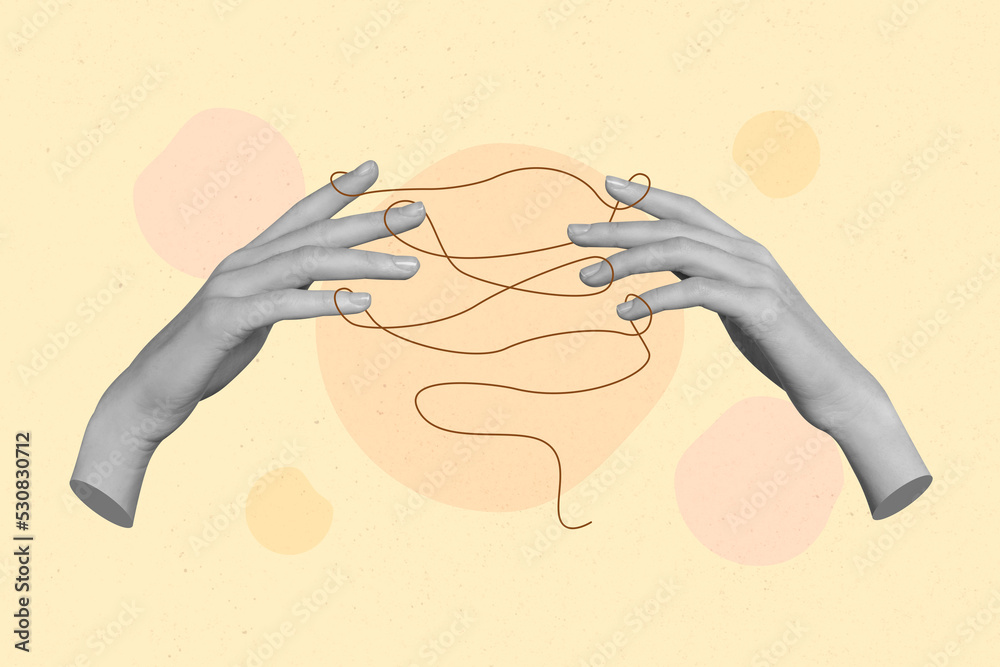 Collage 3d image of pinup pop retro sketch of hands hold tangled thread ...