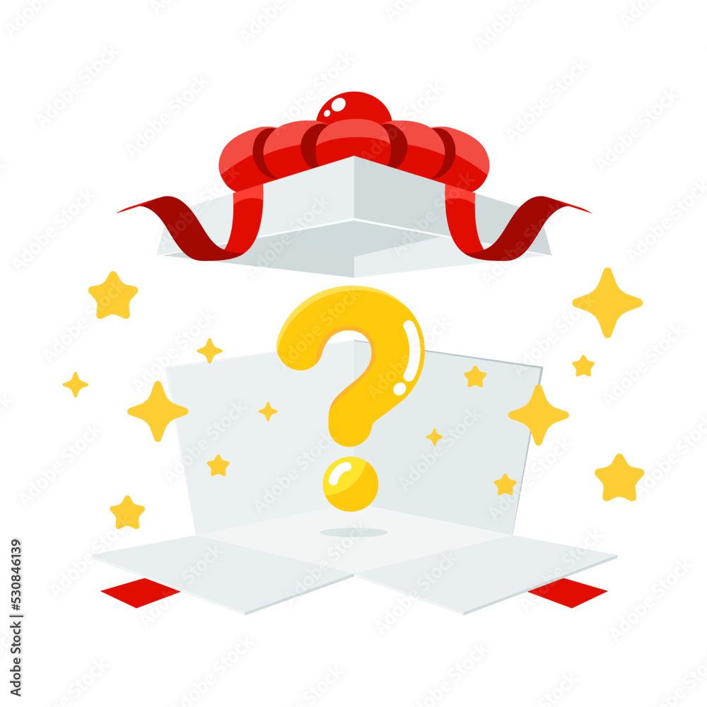 Open a mystery gift box with a red ribbon on white background. Random ...