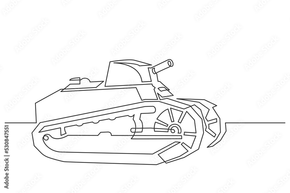Continuous line drawing of old tank. Metal war tank with cannon gun ...