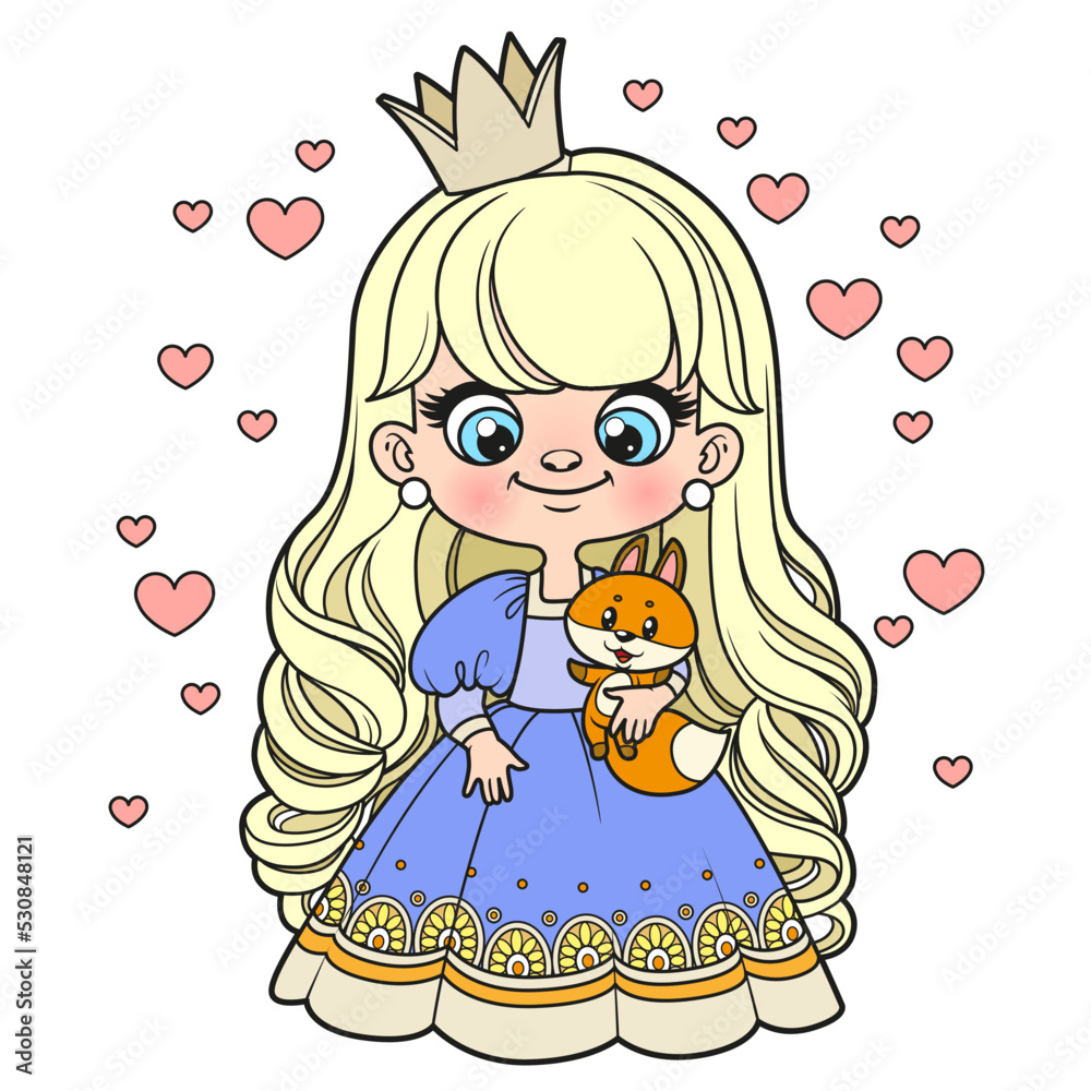Cute cartoon longhaired princess girl in a lush dress with soft toy fox ...
