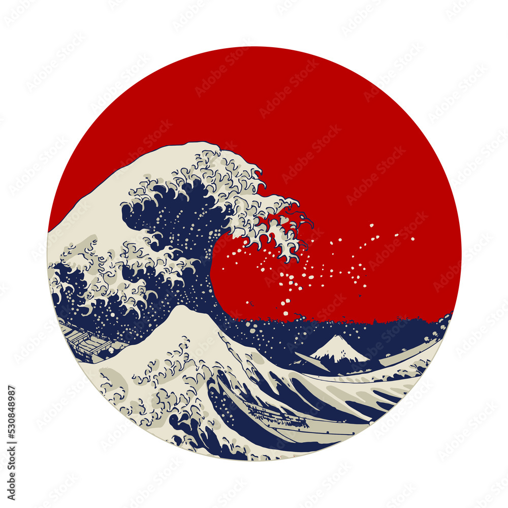 The great wave off Kanagawa, Mount Fuji, Japan sun, symbol, isolated ...