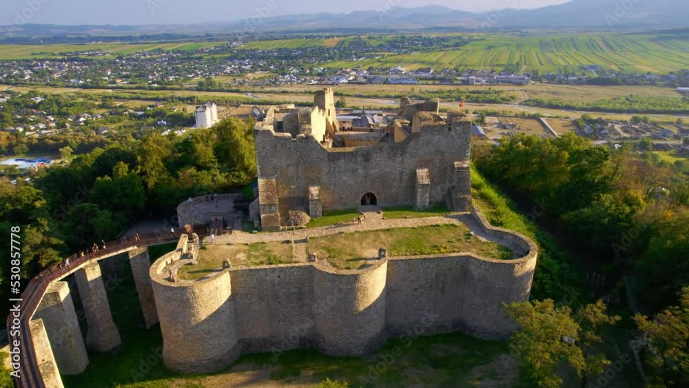 Aerial drone view of the Neamt Citadel in Targu Neamt, Romania ...