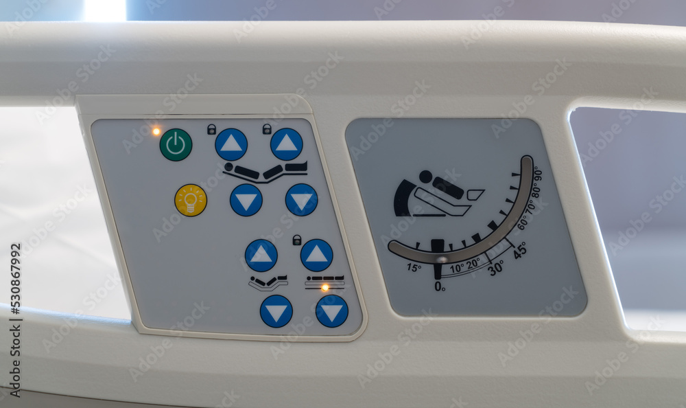 Remote control of patient bed. Hospital Bed buttons close up view ...