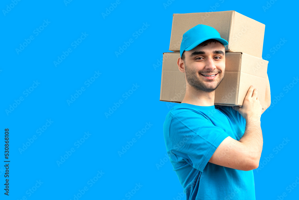 Delivery man with a box. Courier in uniform cap and t-shirt service ...
