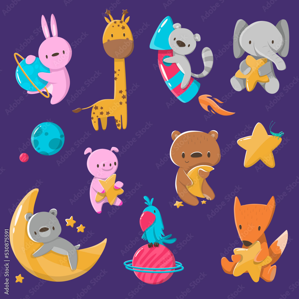 Cartoon collection of cute animals in space Stock Vector | Adobe Stock