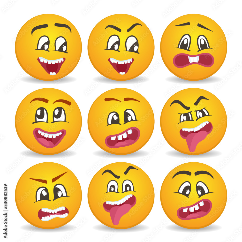 Comic yellow faces icons set for web. Emoticons or cute smileys faces ...