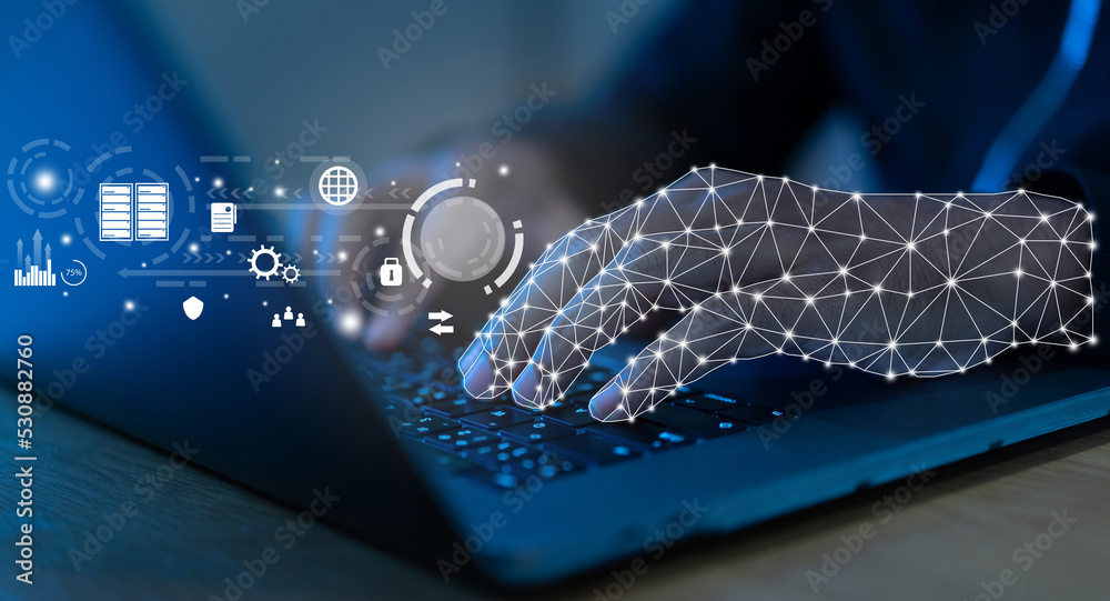 close up on robot hand working on laptop to checking correct data by ...