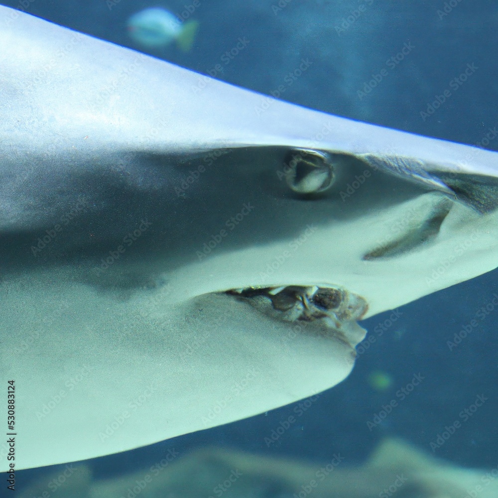 Great white shark bottom view showing teeth row in clear blue water ...