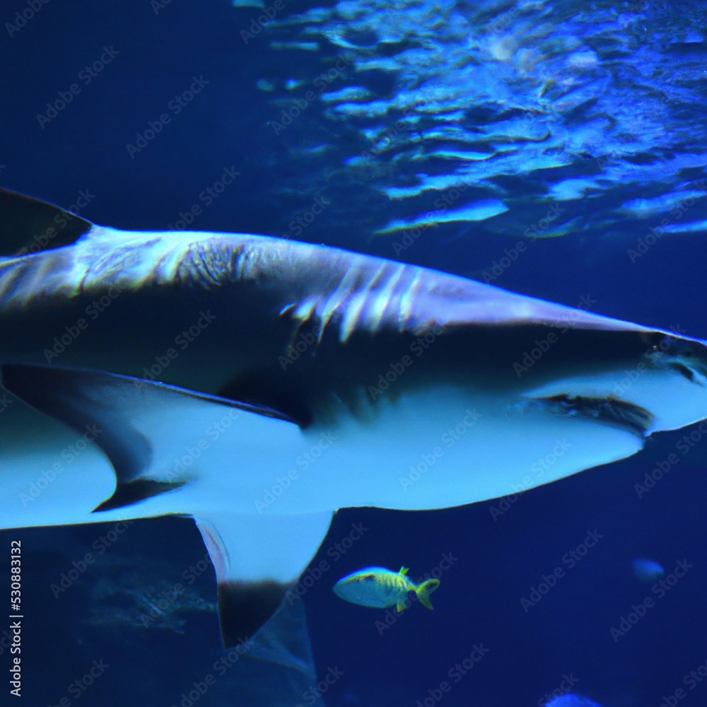 Great white shark bottom view showing teeth row in clear blue water ...