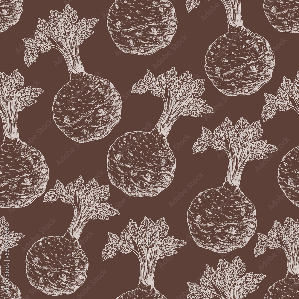 Celery root seamless pattern. Hand drawn background. Vector illustration. Hand drawing sketch ...