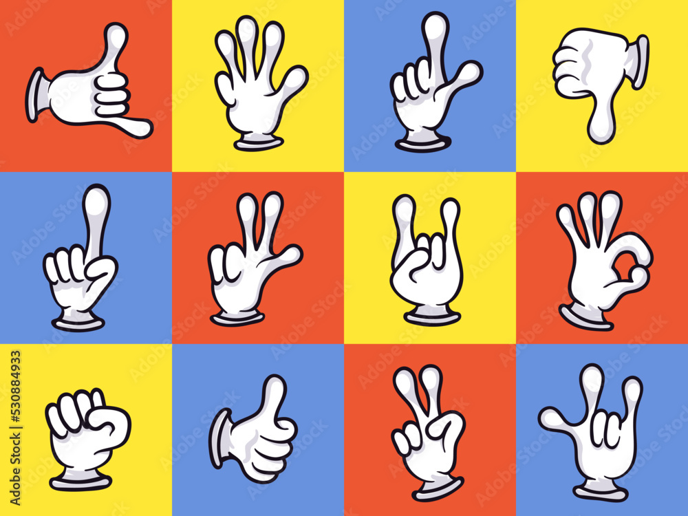 Cartoon hands showing different signs icon set. Funny emoticon ...