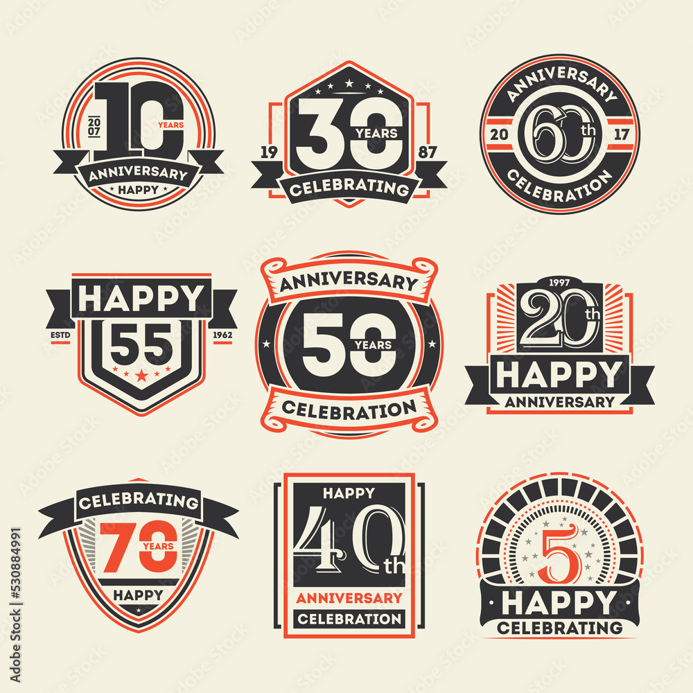 Anniversary celebration retro isolated label set. Birthday party logo ...