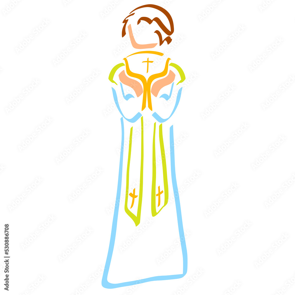 young priest in a cassock holding a sacrament cup with a cross symbol ...