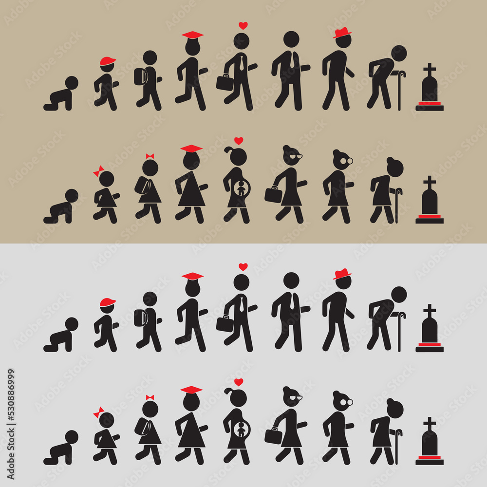 All ages men and women flat icon. generations people. stages of ...