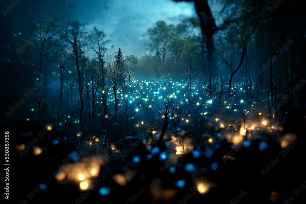 Dark blue fairytale forest with fireflies lights. Digital art Stock ...