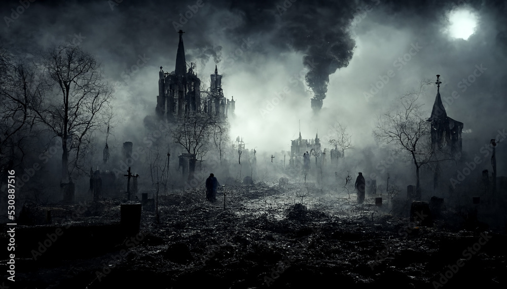 Night scene with creepy church and ghost. Digital art for Halloween ...