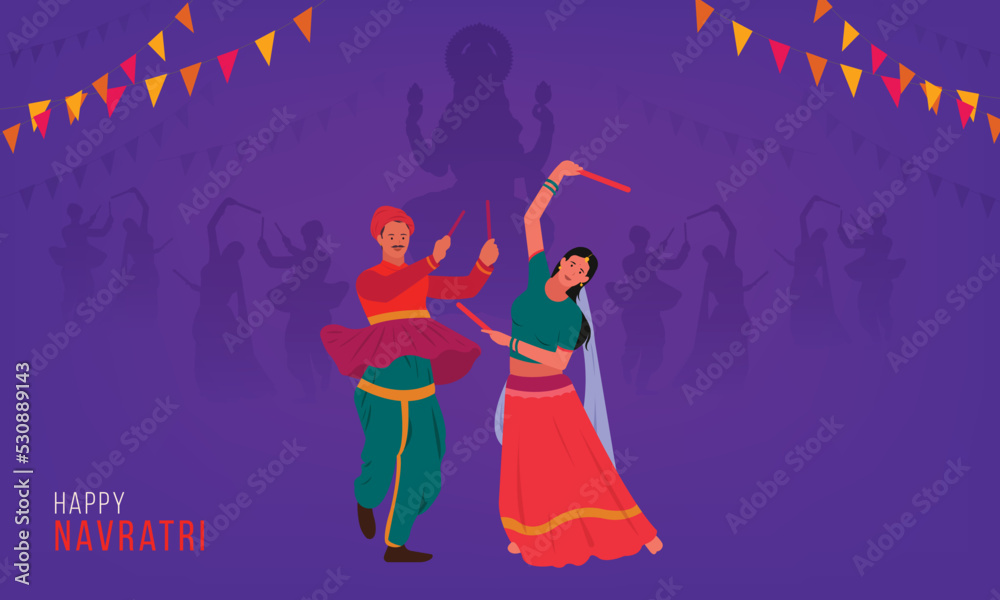 Happy Navratri Text with Durga vector illustration and Couple playing ...