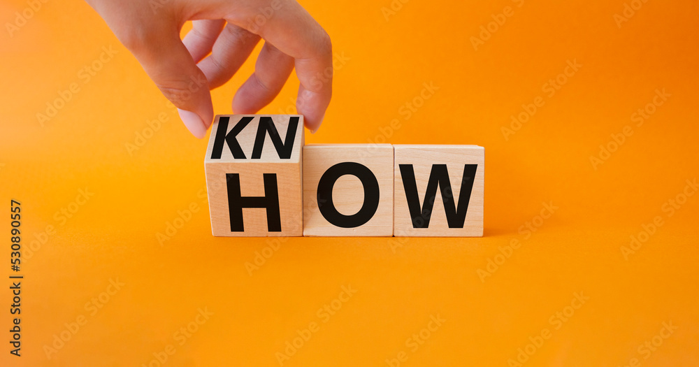 Know how symbol. Businessman hand turnes wooden cubes and changes word ...