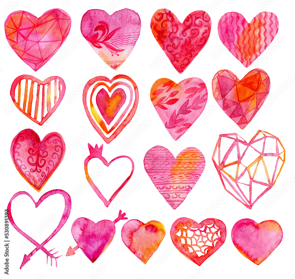 Hand painted watercolor hearts, 27 separate hearts, modern watercolor ...