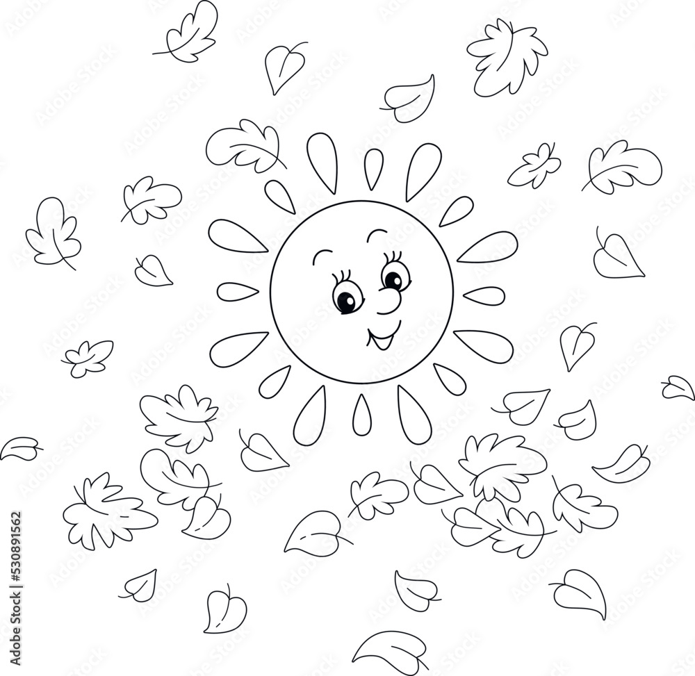 Cute friendly smiling sun and autumn leaves whirling around, black and ...